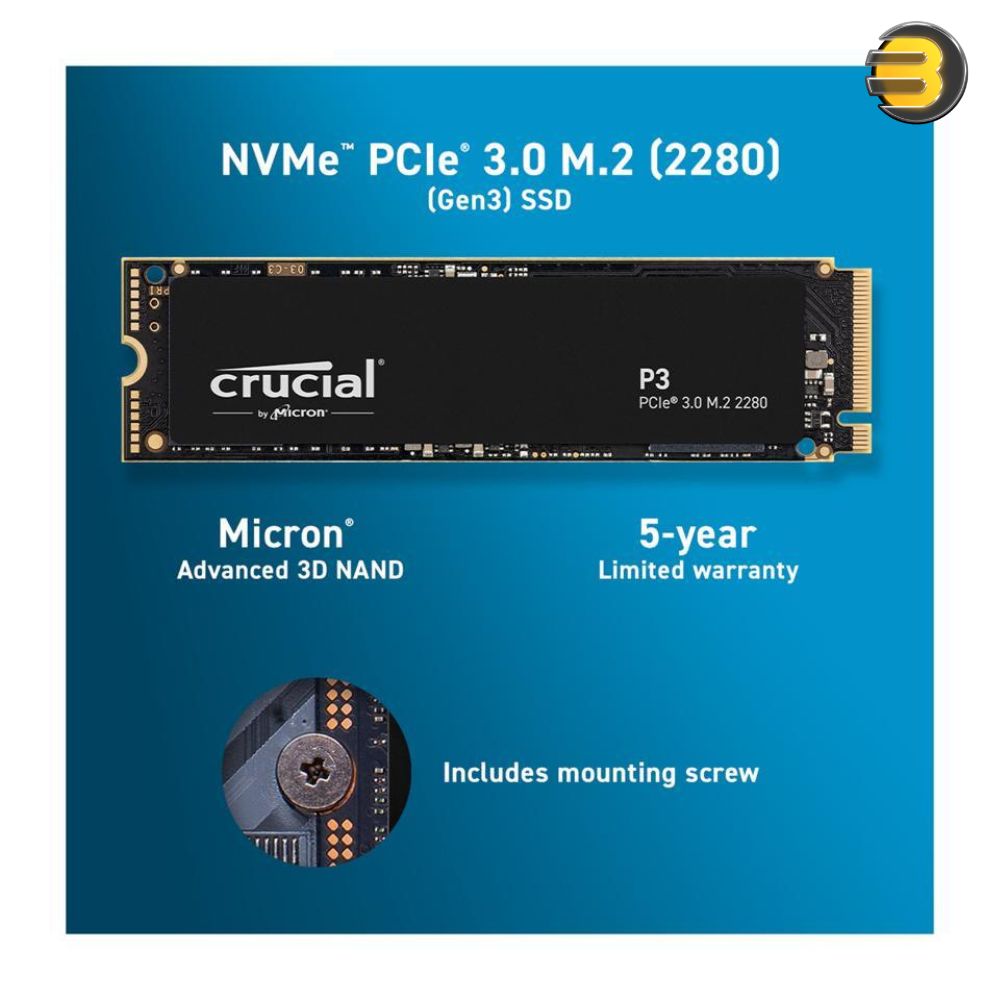 Crucial P3 500GB PCIe 3.0 3D NAND NVMe M.2 SSD, up to 3500MB/s ...