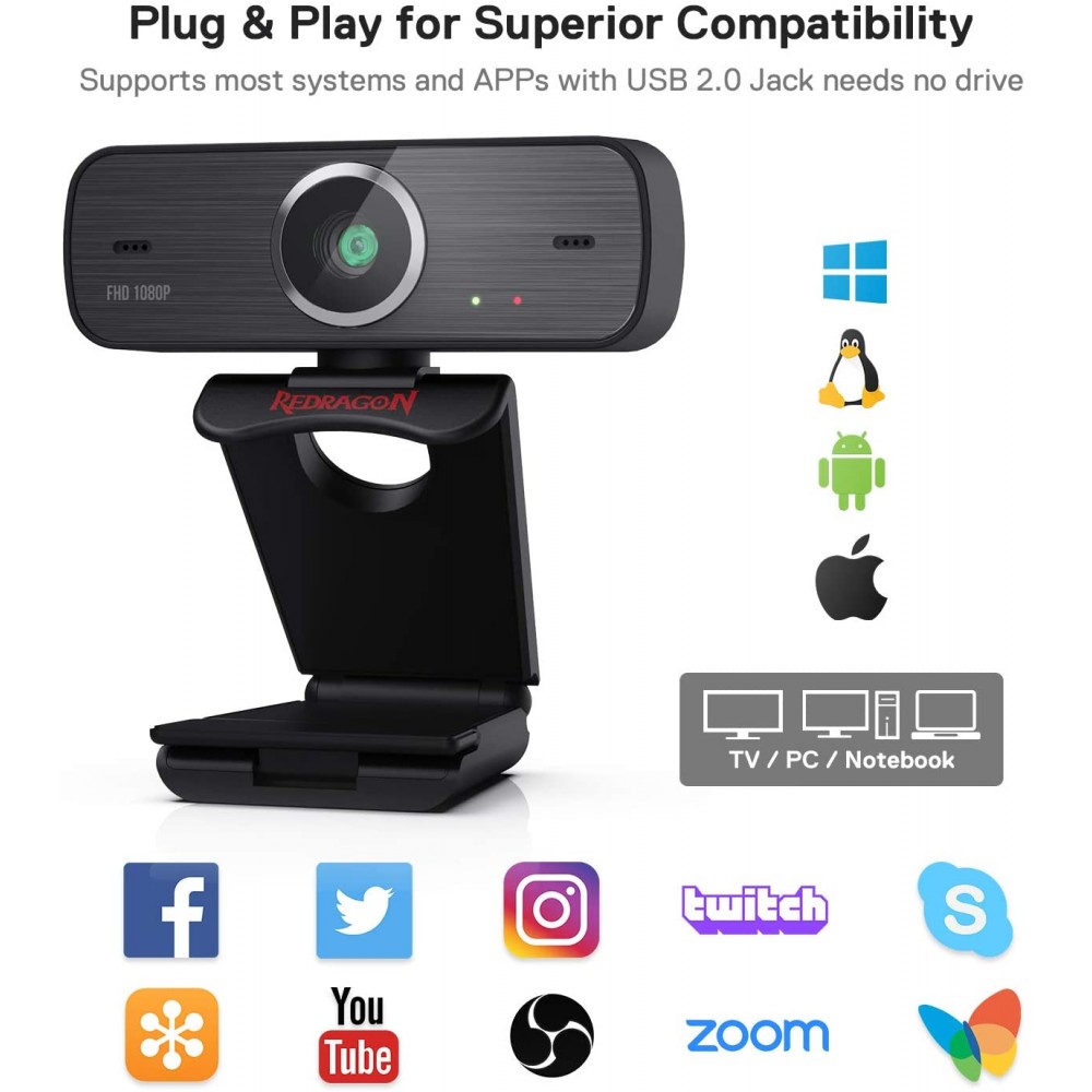 Redragon GW800 1080P Webcam with Built-in Dual Microphone 360-Degree ...