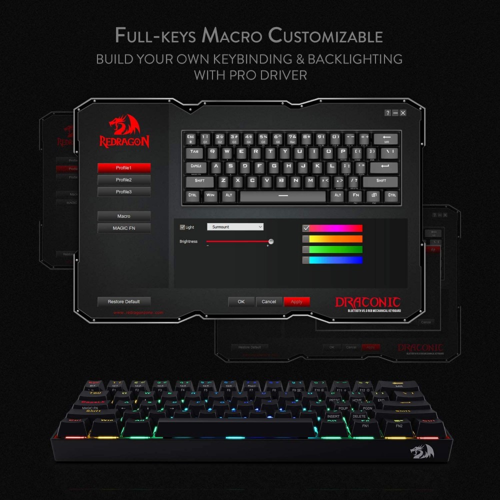 Redragon K530 Draconic 60% Compact RGB Wireless Mechanical Keyboard, 61 ...